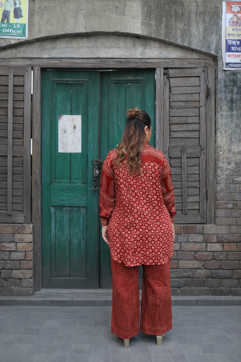 Surkh Red Ajrakh Co-ord Set – Prahnaaya India