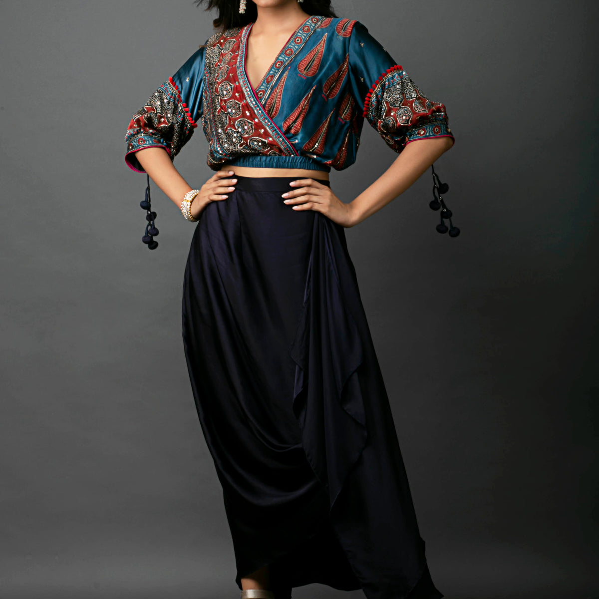 Ajrakh Overlap crop top with Flap Cowl Skirt – Prahnaaya India