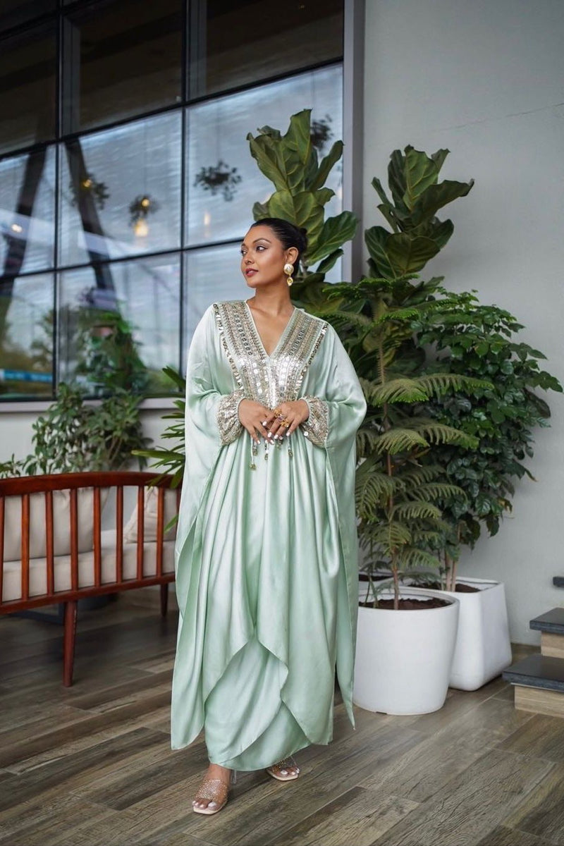 Rupa Deb in Morrocon Sage Green Kaftaan Set – Prahnaaya India